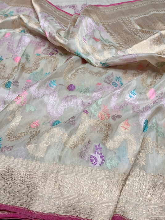 Ivory Handwoven Pure Banarasi Tissue Saree – HMR Handlooms